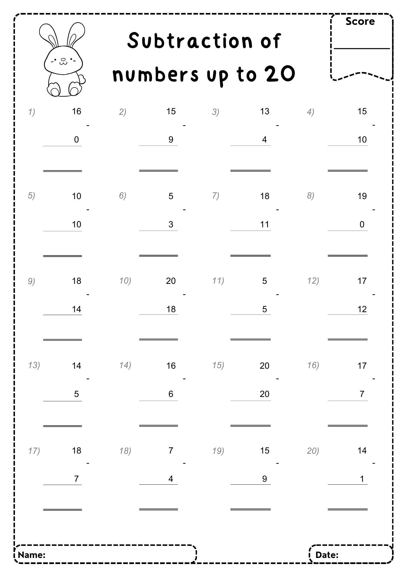 Grade 1 Subtraction Practice Worksheet Numbers up to 20 Difference up ...