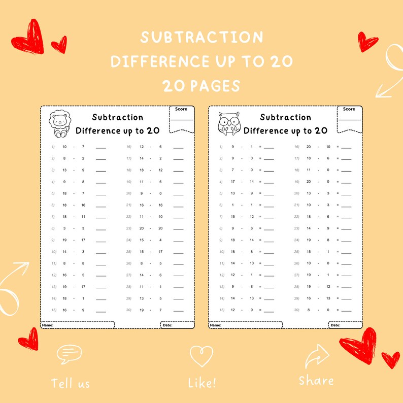 Grade 1 Subtraction Practice Worksheet Numbers up to 20 Difference up ...