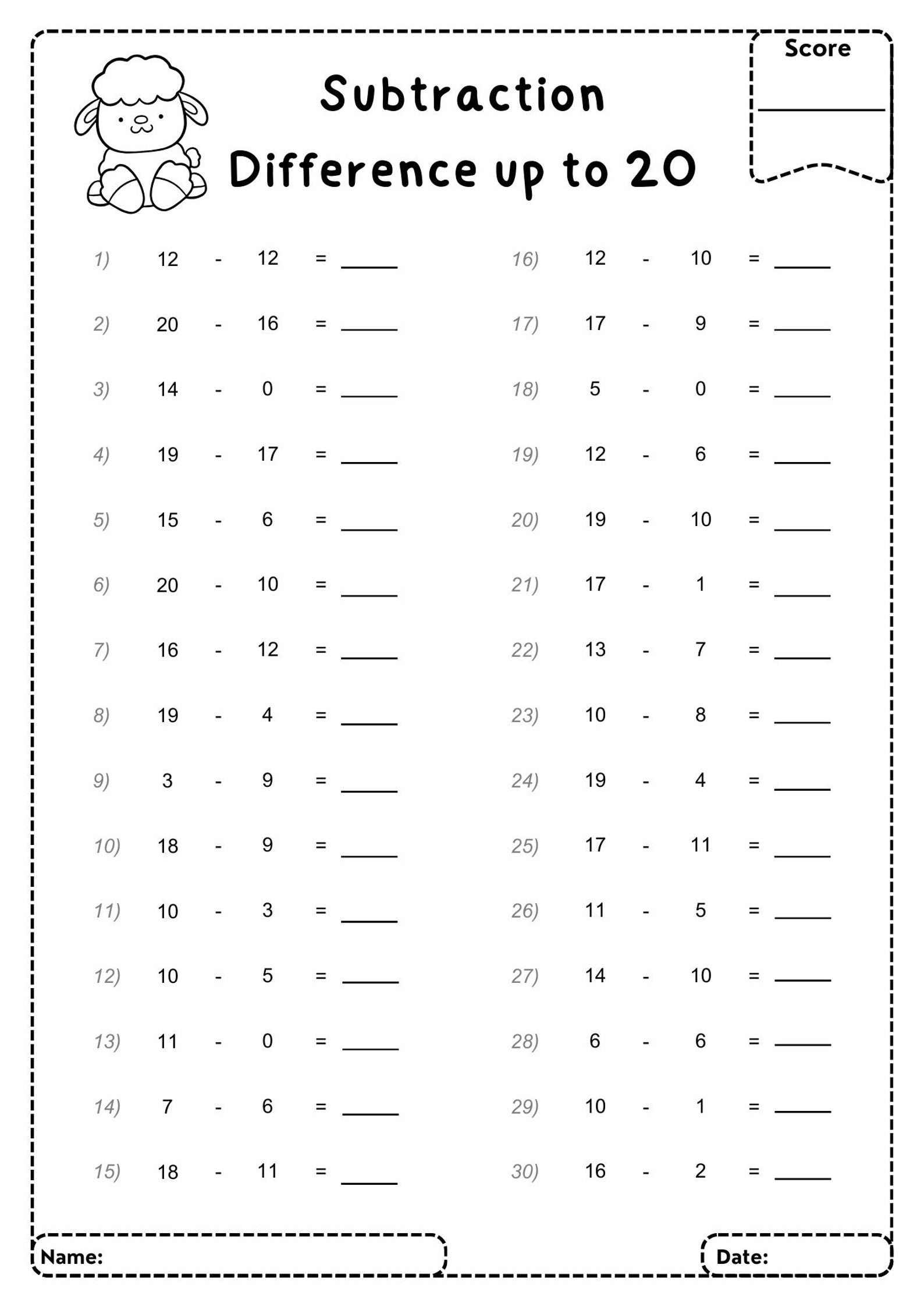 Grade 1 Subtraction Practice Worksheet Numbers up to 20 Difference up ...