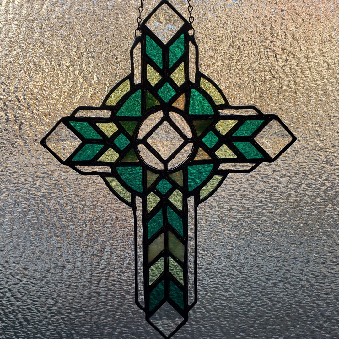 Green Geometric Cross Stained Glass Suncatcher - Etsy