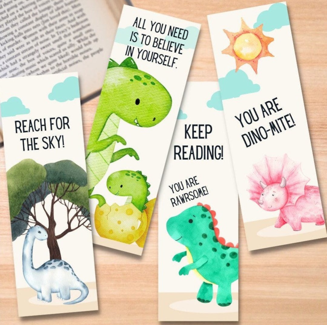 Reading Bookmark Set for Kids, Four "2x6" Printable Dinosaur Bookmarks ...