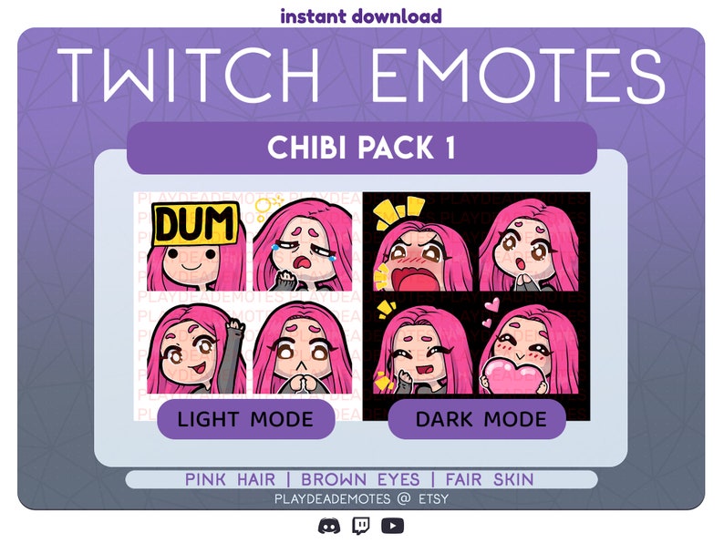 Chibi Girl Emote 8-pack Pink Hair Brown Eyes Fair Skin Sleepy Yawn ...