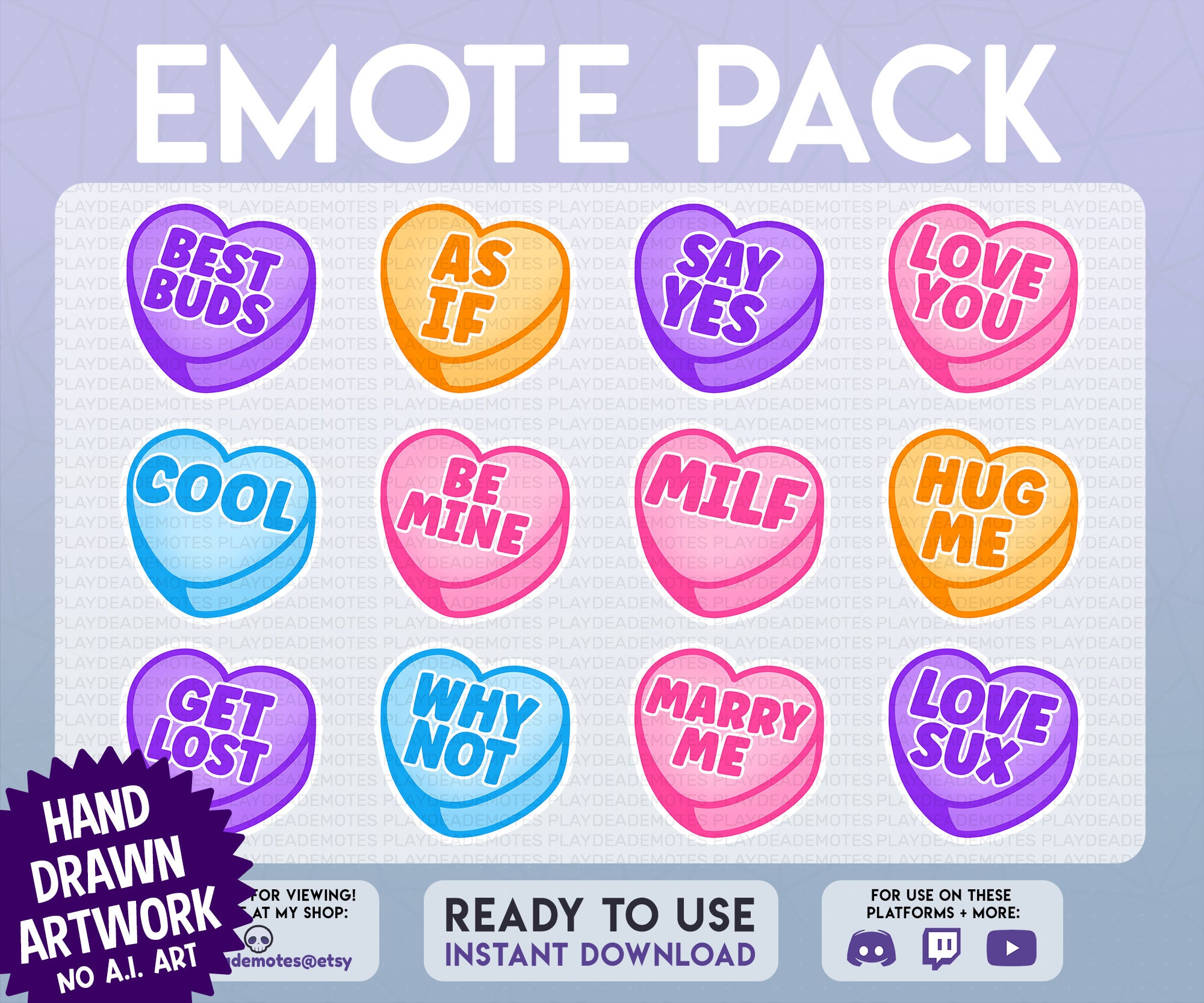 12 CANDY HEART EMOTES - Pack 01 | Cute Sweet Candy Heart Emote Pack ...