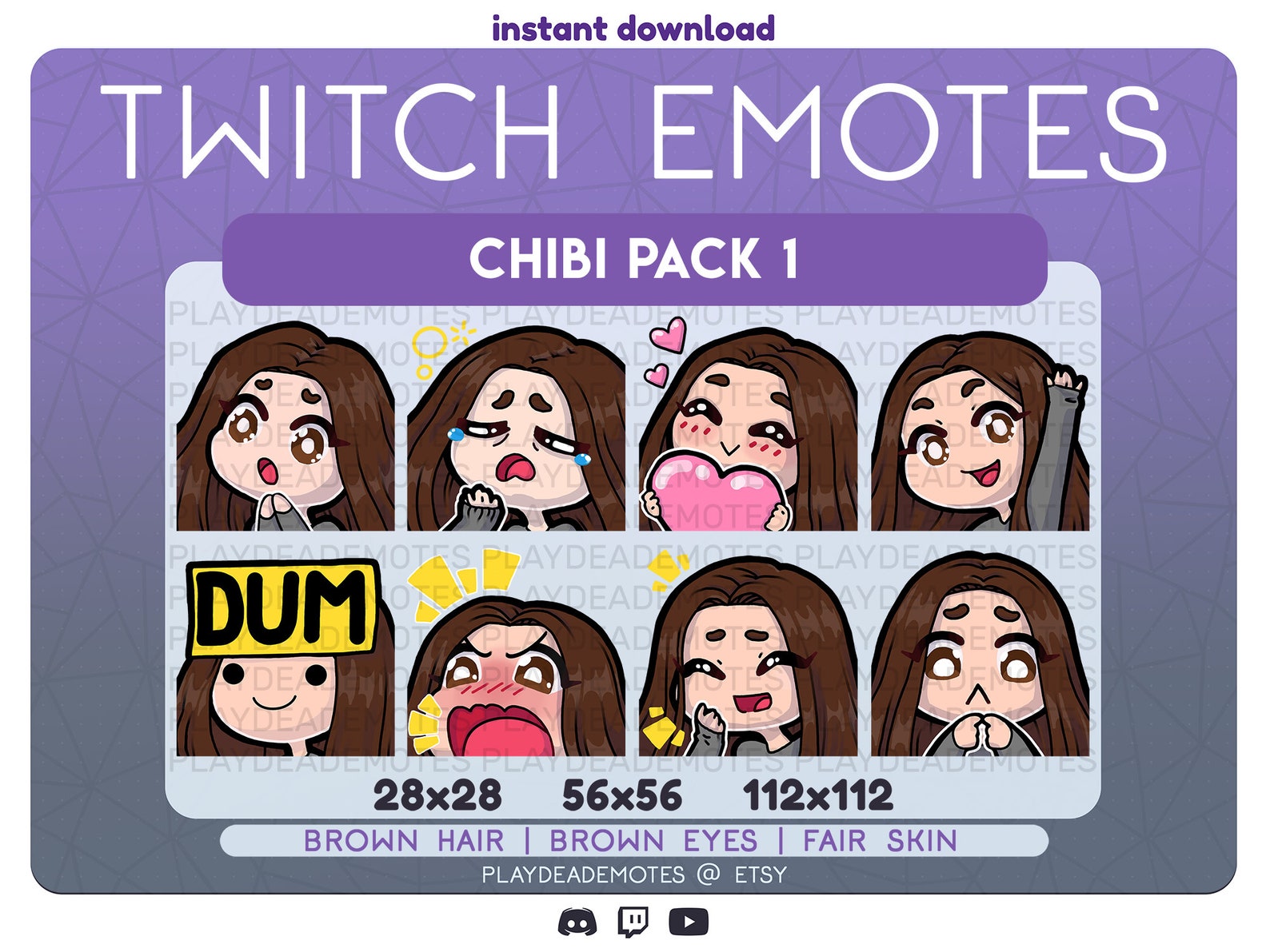 Chibi Girl Emote 8-pack | Brown Hair + Brown Eyes + Fair Skin | Sleepy ...