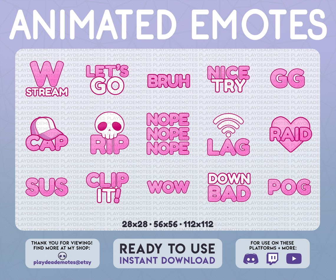 ANIMATED PINK 15-PACK Emotes | Kawaii Cute Pink Animated Text Emote ...