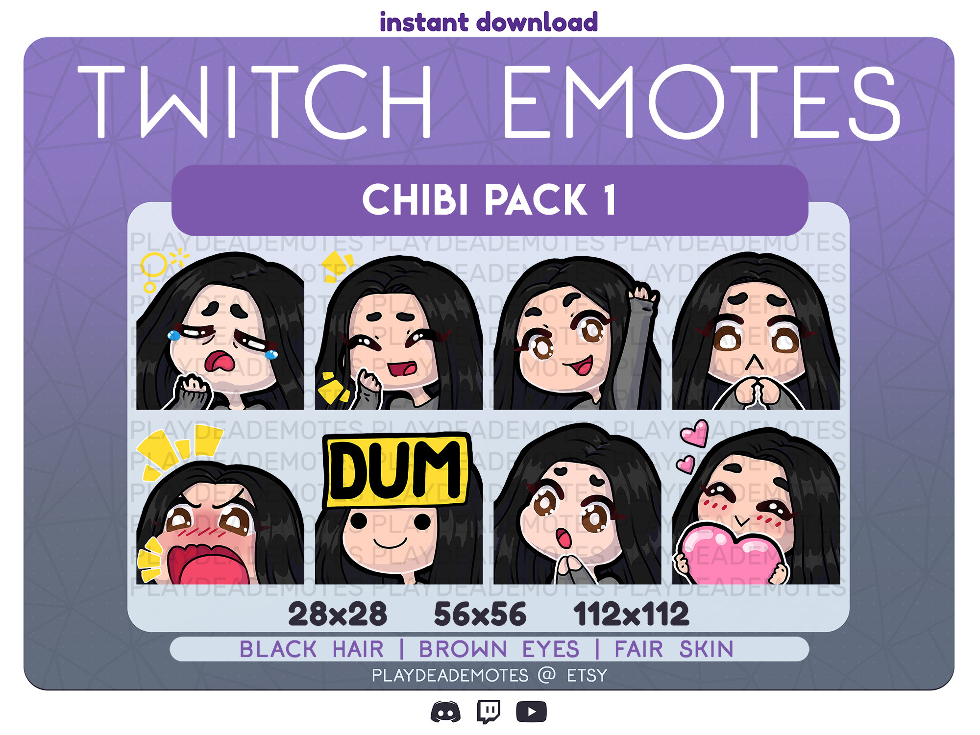Chibi Girl Emote 8-pack | Black Hair + Brown Eyes + Fair Skin | Sleepy ...