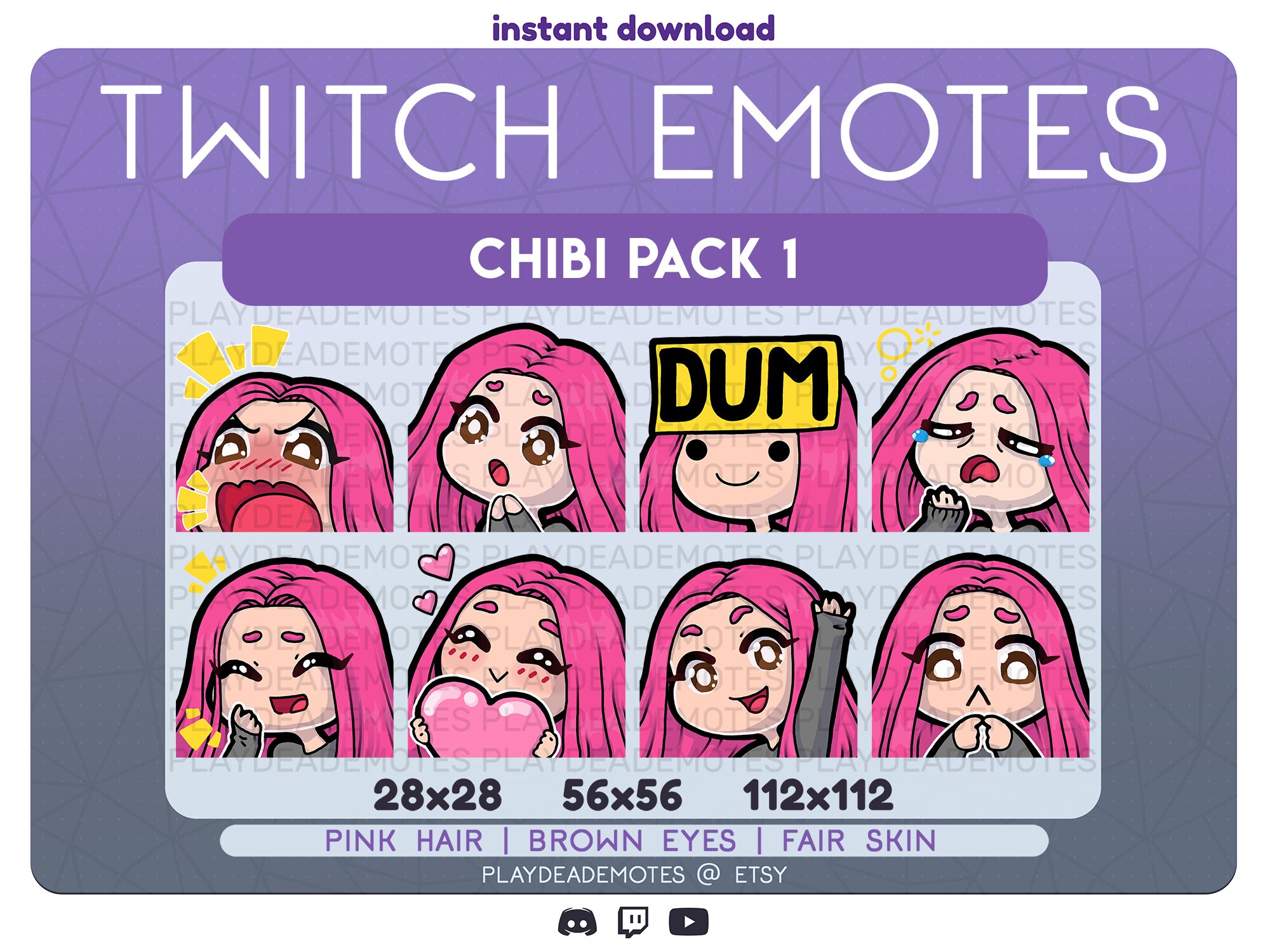 Chibi Girl Emote 8-pack Pink Hair Brown Eyes Fair Skin Sleepy Yawn ...