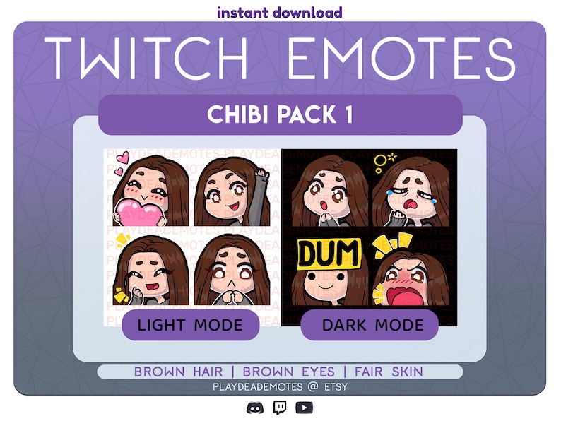 Chibi Girl Emote 8-pack | Brown Hair + Brown Eyes + Fair Skin | Sleepy ...