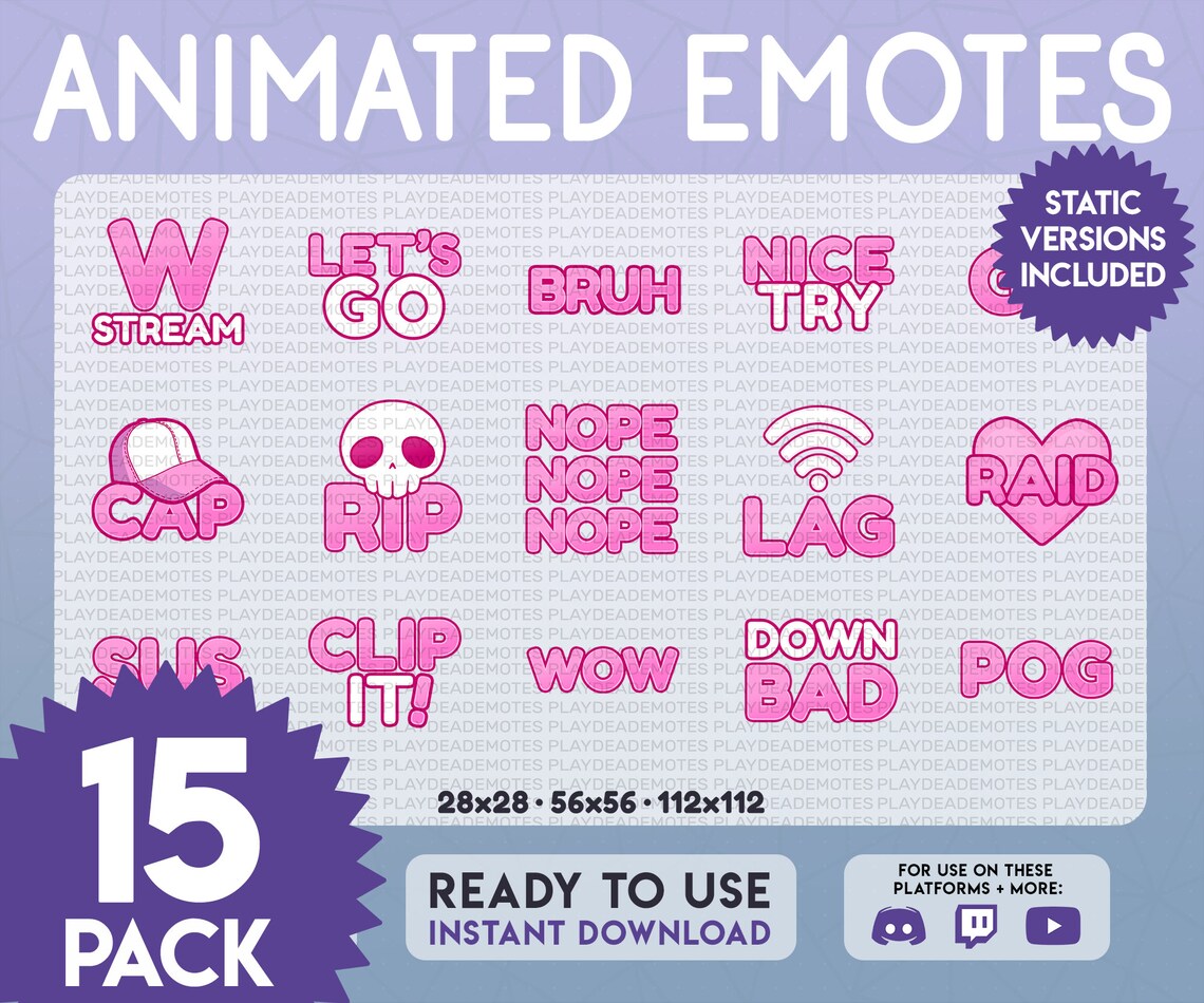 ANIMATED PINK 15-PACK Emotes | Kawaii Cute Pink Animated Text Emote ...
