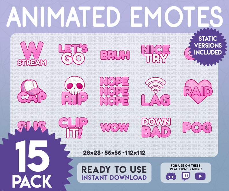 ANIMATED PINK 15-PACK Emotes | Kawaii Cute Pink Animated Text Emote ...