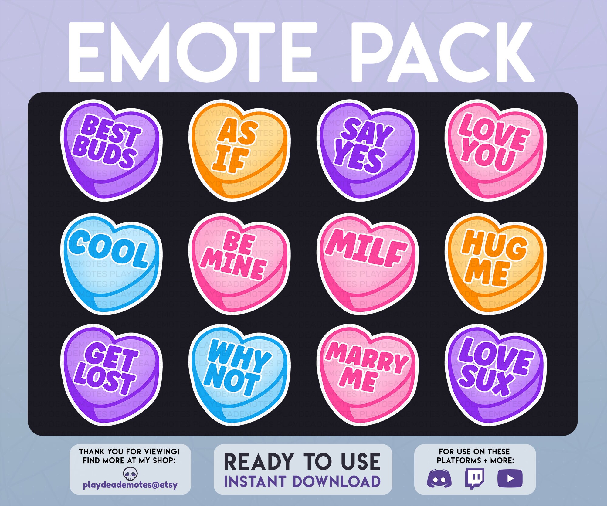 24 CANDY HEART EMOTES - Double Pack | Cute Sweet Candy Heart Emotes ...