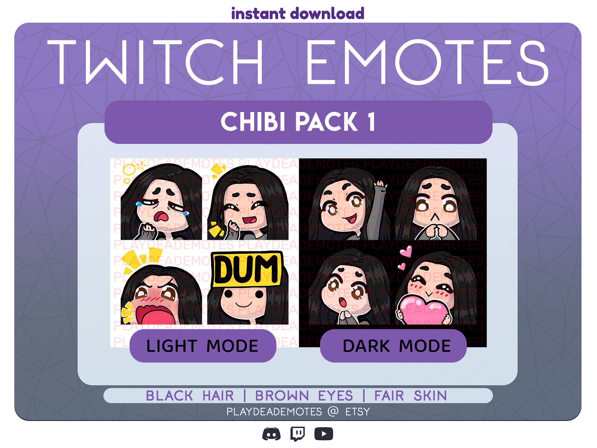 Chibi Girl Emote 8-pack | Black Hair + Brown Eyes + Fair Skin | Sleepy ...