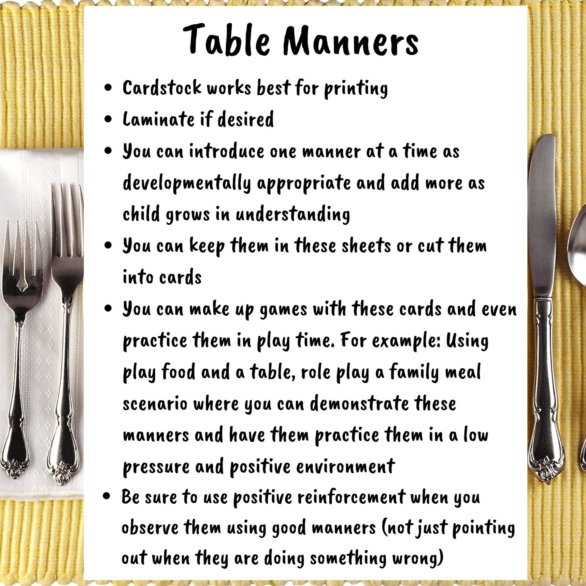 Table Manners Flash Cards for Toddlers, Children, 14 Montessori Cards ...