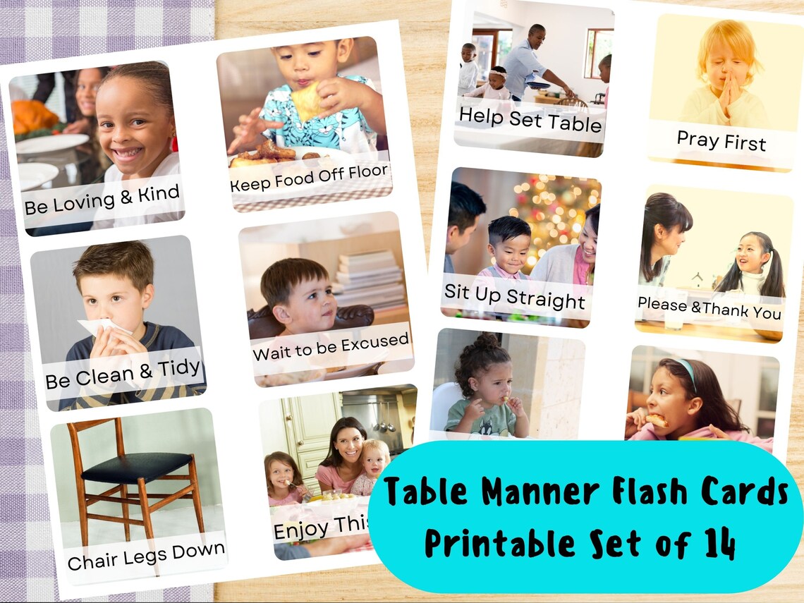 Table Manners Flash Cards for Toddlers, Children, 14 Montessori Cards ...