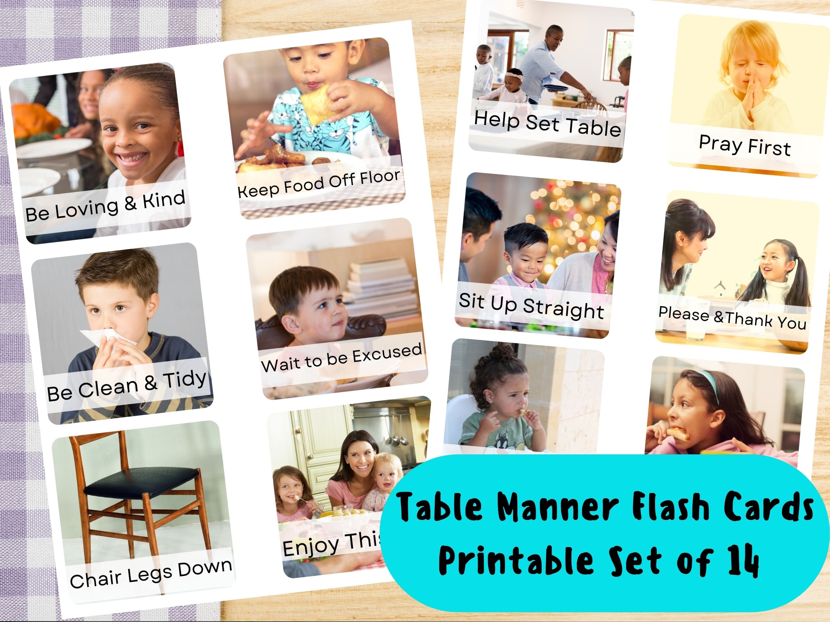 Table Manners Flash Cards for Toddlers, Children, 14 Montessori Cards ...