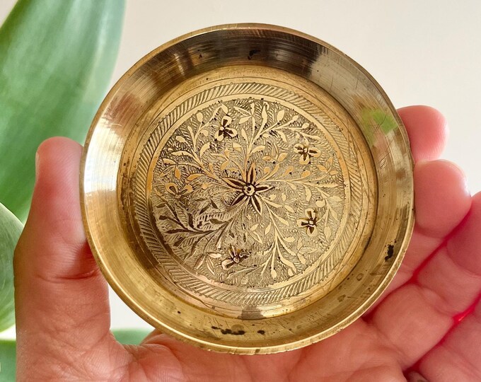 Retro Vintage Solid Brass Etched Floral Small Ring Dish Jewelry ...