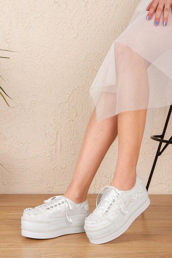 White Wedge Heels Stoned Bridal Shoes/lace Embroidered/bridal - Etsy