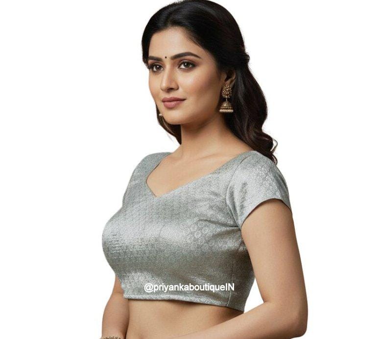 Silver Brocade Silk Saree Blouse With Shrot Sleeves ,readymade Saree ...