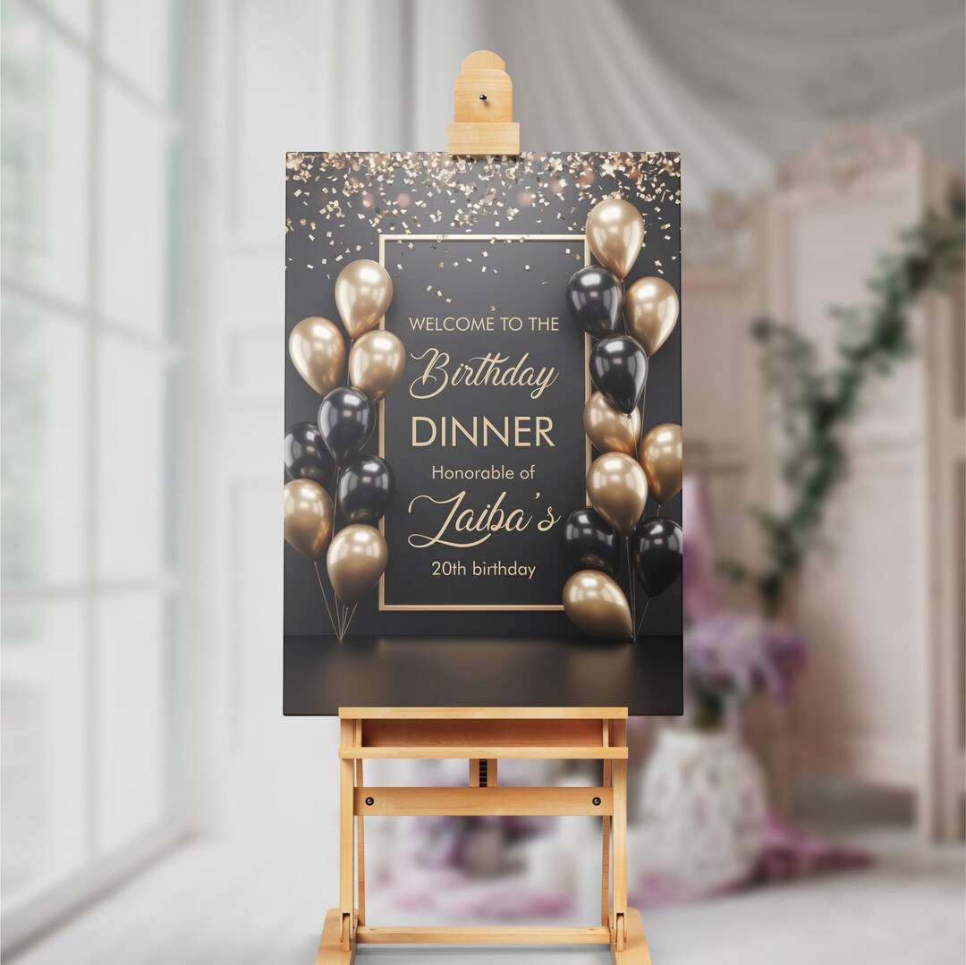Custom Birthday Welcome Sign, Black & Gold Balloon Birthday Sign ...