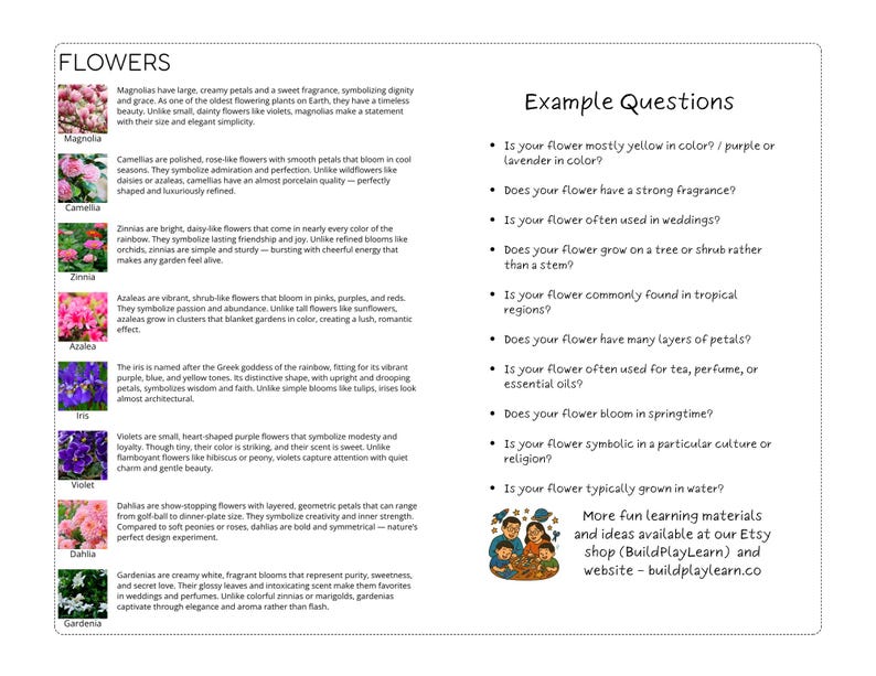 Flowers Guess Who? 2.0 Game Educational Bundle | Printable Game Insert ...