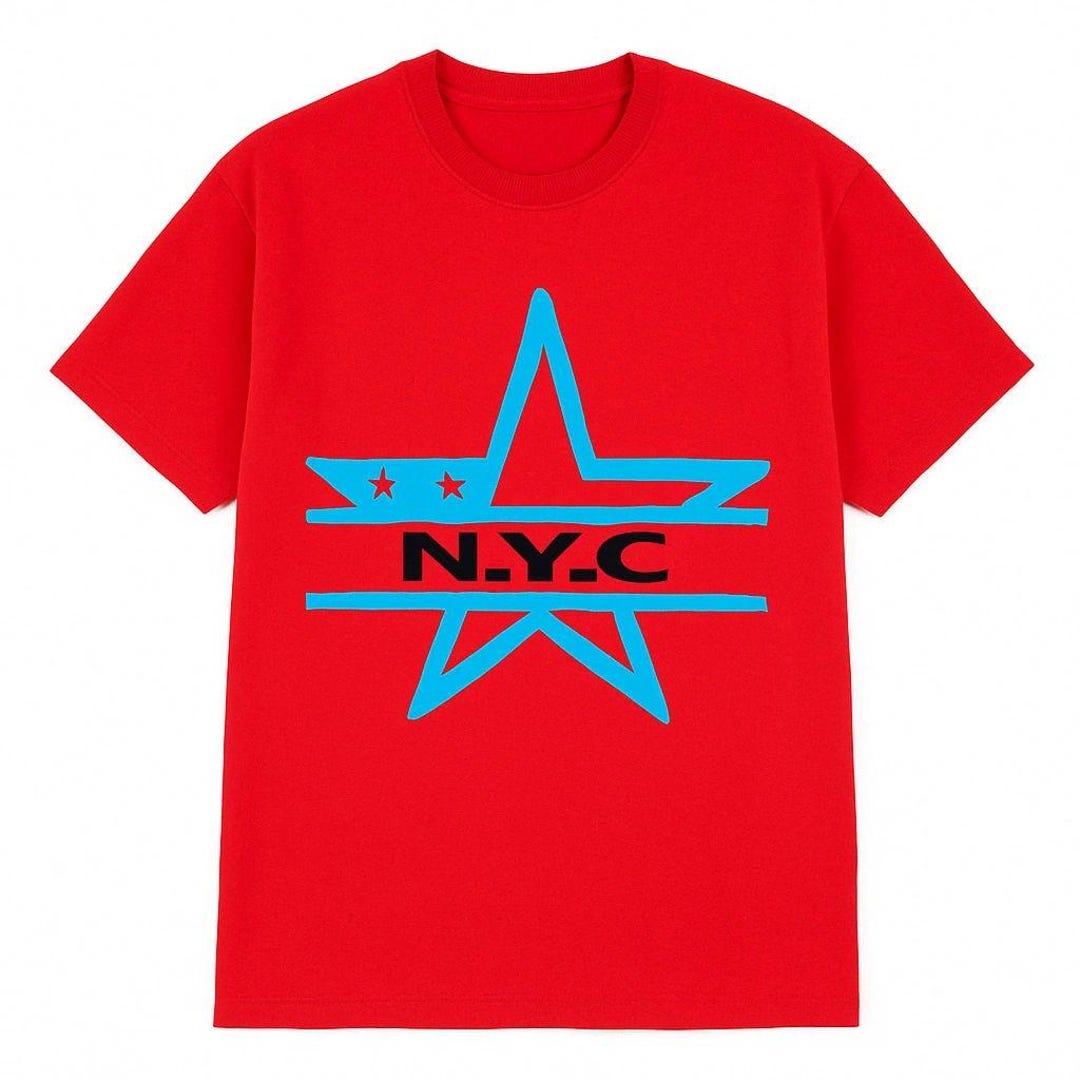Bold Red NYC T-shirt With Blue Star Graphic, – Streetwear Urban Fashion ...