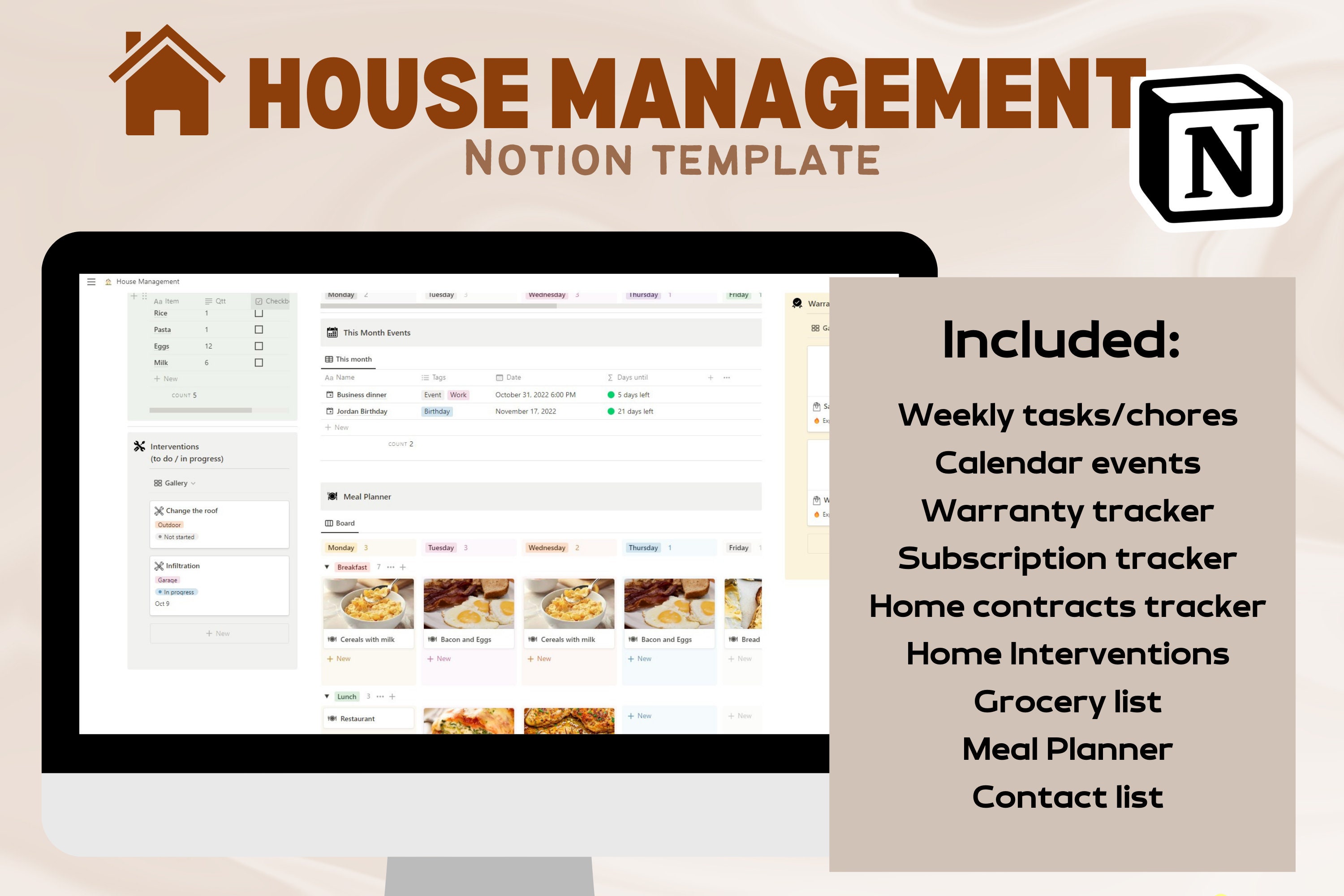House Management Notion Template, Home Tasks & Chores Organizer, Subscriptions, Warranty ...