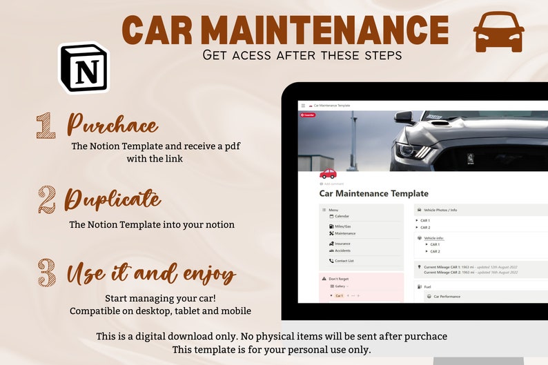 Vehicle Maintenance Notion Template, Accident History, Maintenance Digital Planner, Fuel ...