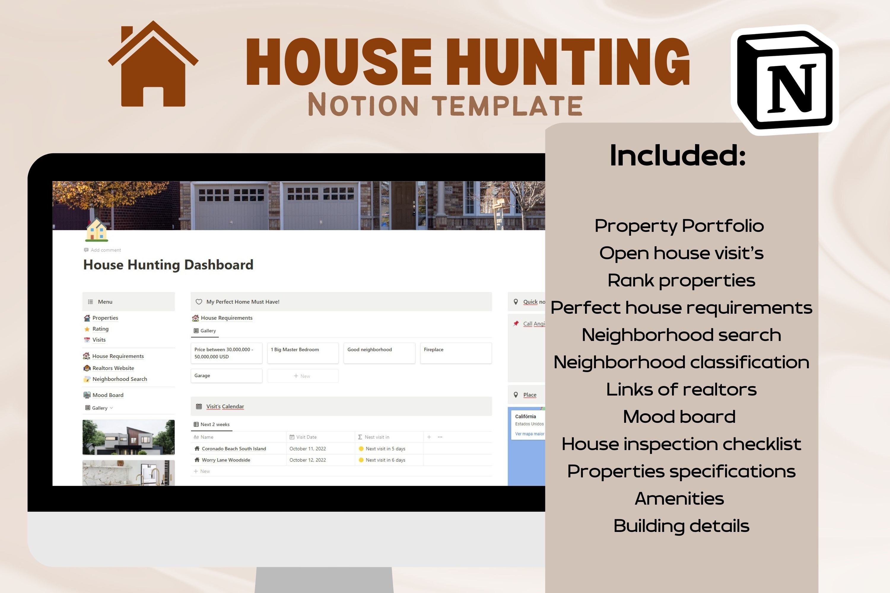 House Hunting Notion Template, Real State House Checklist, Home Buying Searching Organizer ...
