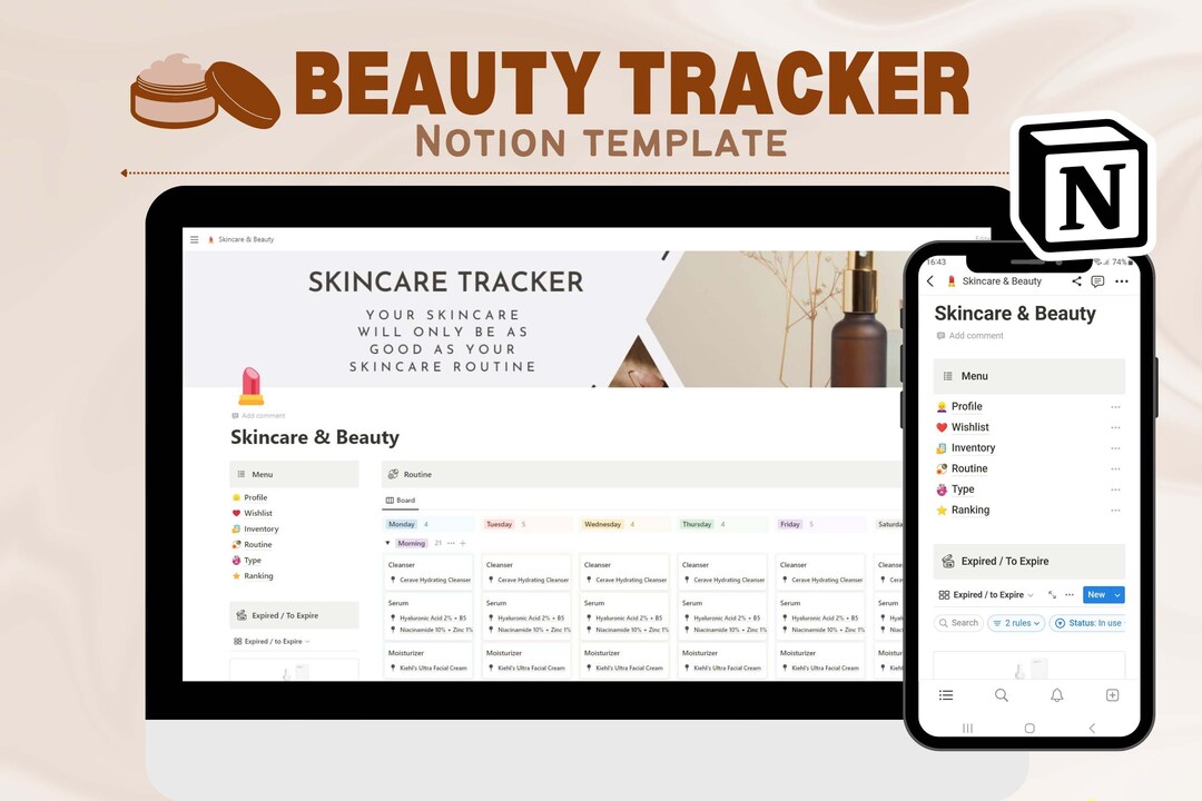Beauty Tracker Dashboard Notion Template Skincare Routine - Etsy