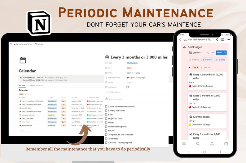 Vehicle Maintenance Notion Template, Accident History, Maintenance ...