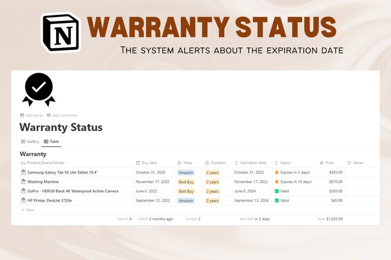Warranty Status Notion Template, Home Organizer, Warranty Tracker ...