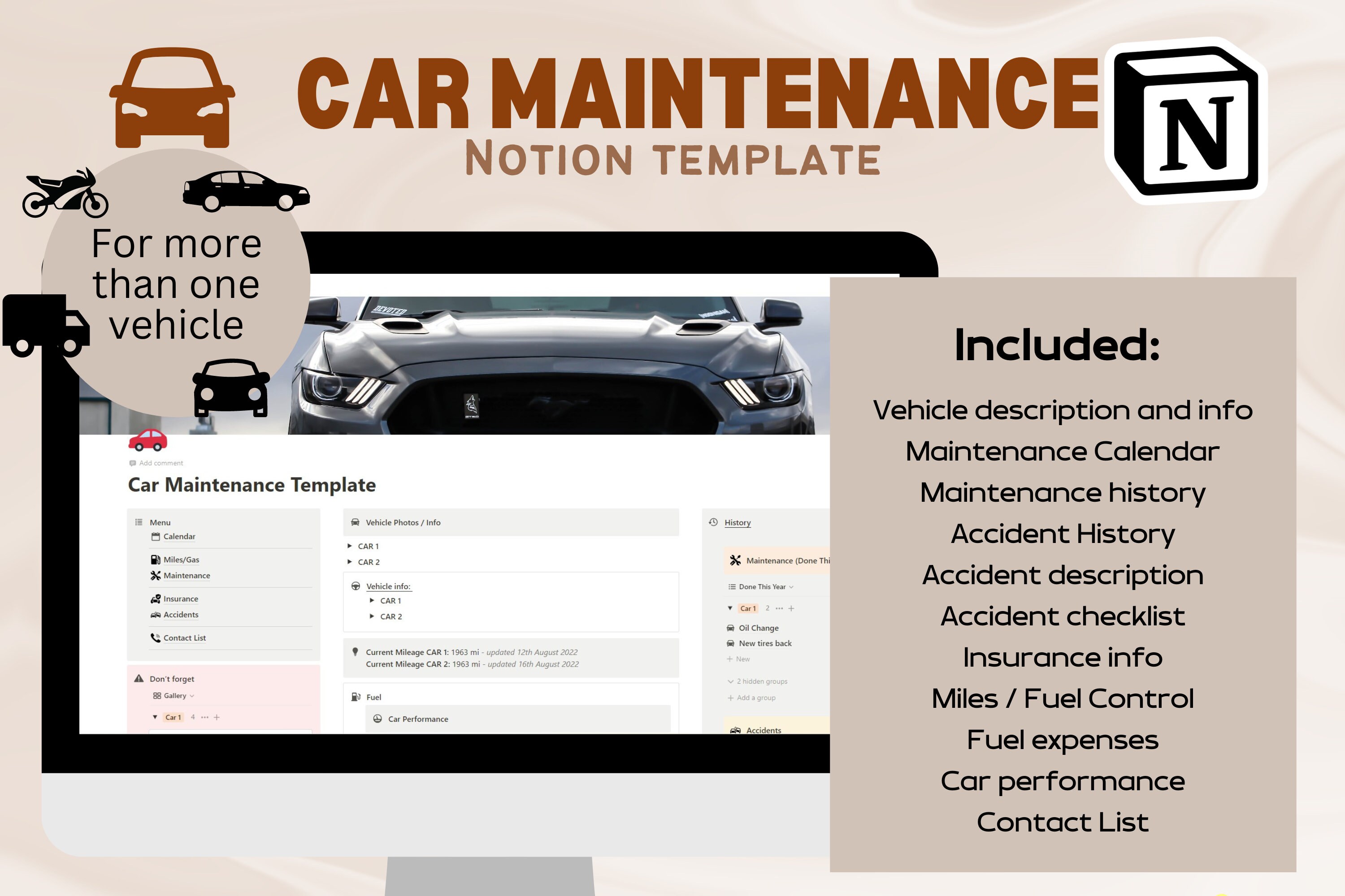Vehicle Maintenance Notion Template, Accident History, Maintenance Digital Planner, Fuel ...