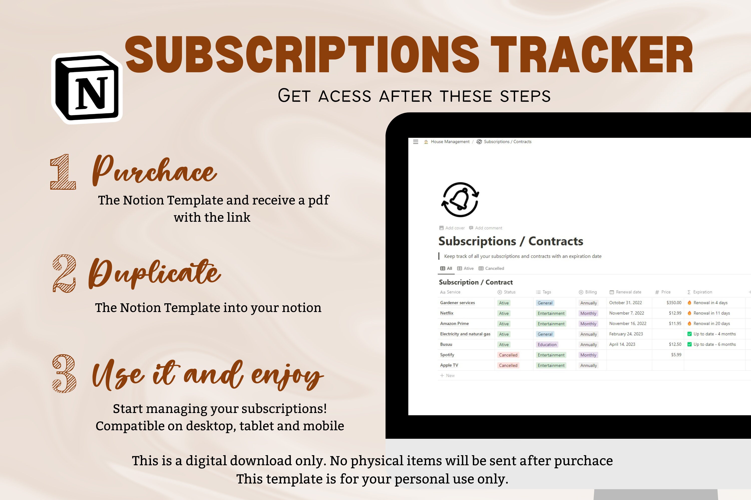 Subscription Status Notion Template, Home Organizer, Contracts Tracker ...
