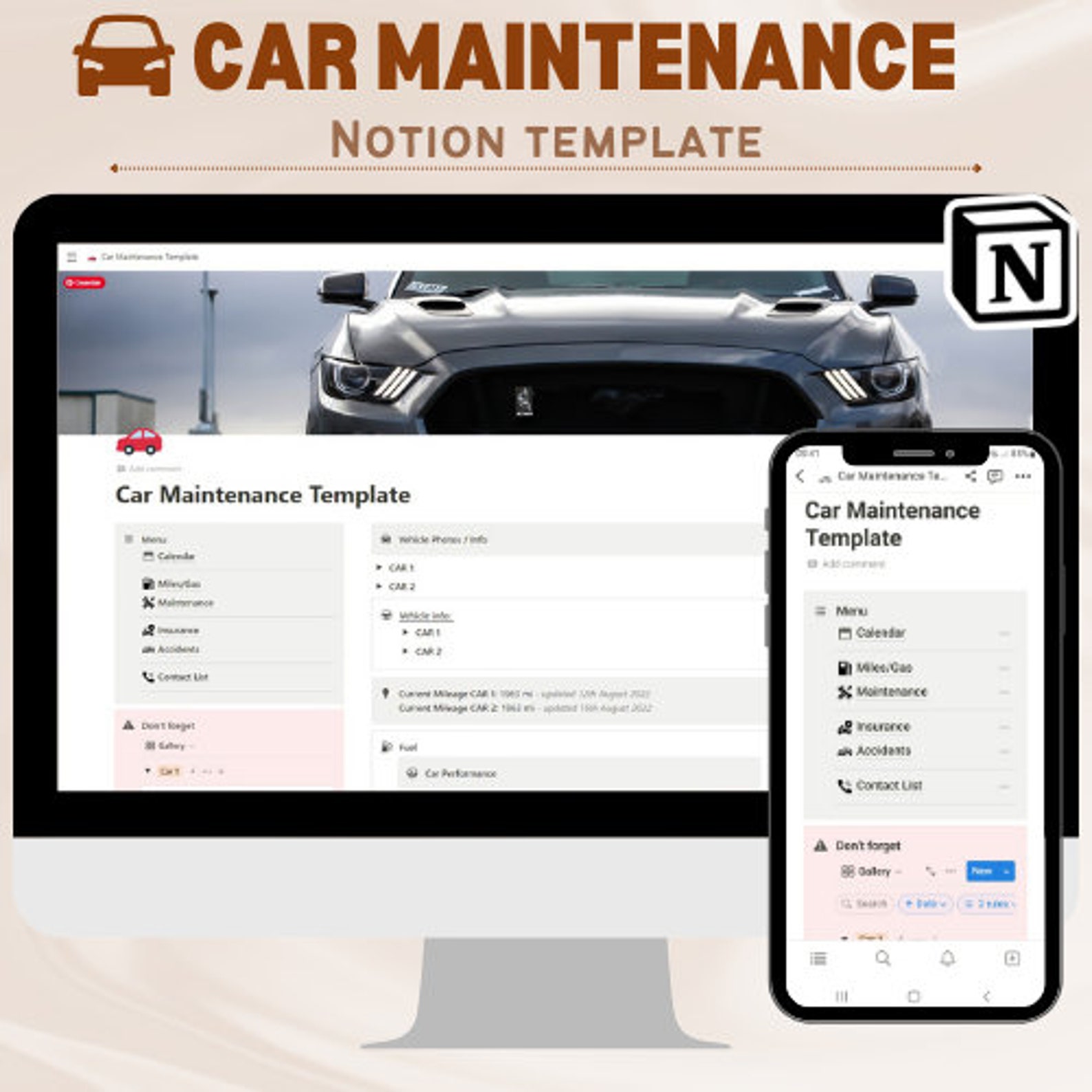 Vehicle Maintenance Notion Template, Accident History, Maintenance Digital Planner, Fuel ...