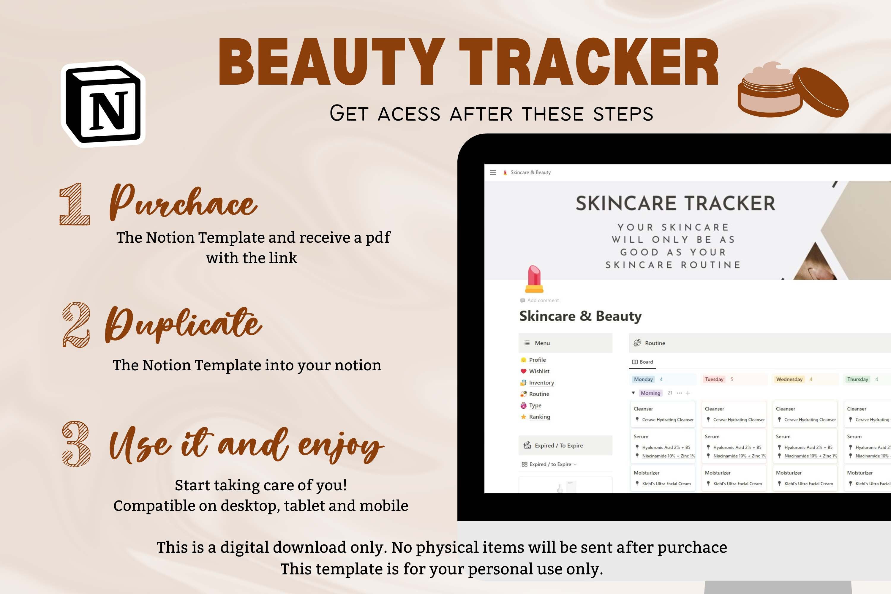 Beauty Tracker Dashboard Notion Template, Skincare Routine Planner ...