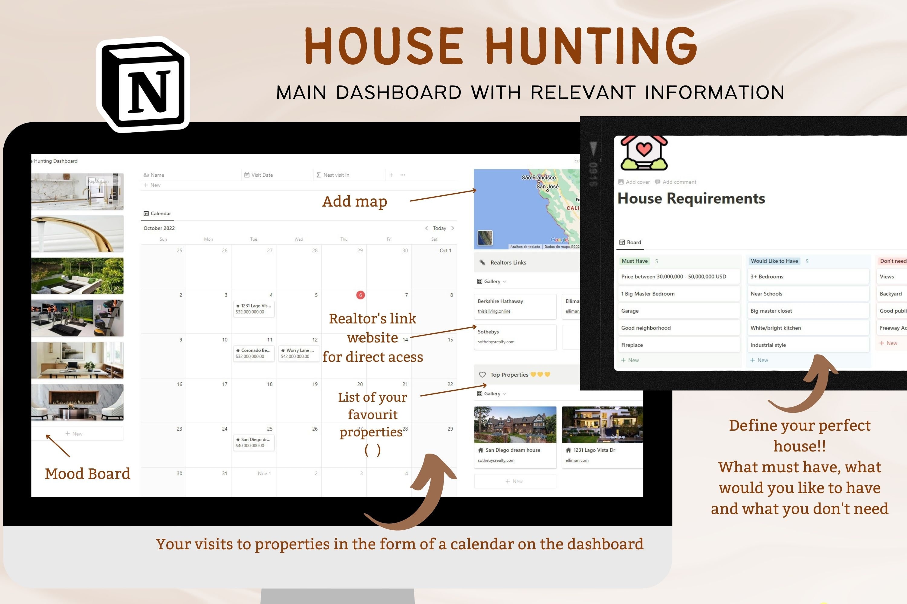 House Hunting Notion Template, Real State House Checklist, Home Buying Searching Organizer ...