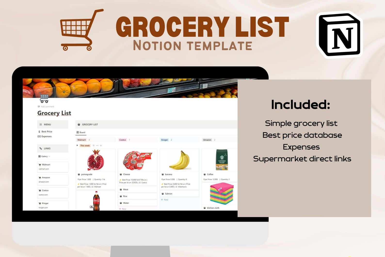 Grocery List Notion Template, Shop Best Price Organizer, Supermarket ...