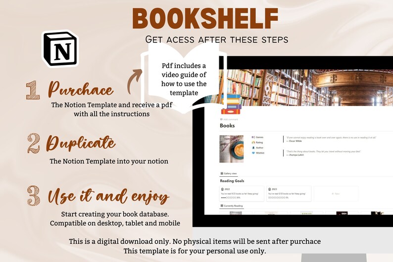 Bookshelf Dashboard Notion Template, Book Organization, Reading ...