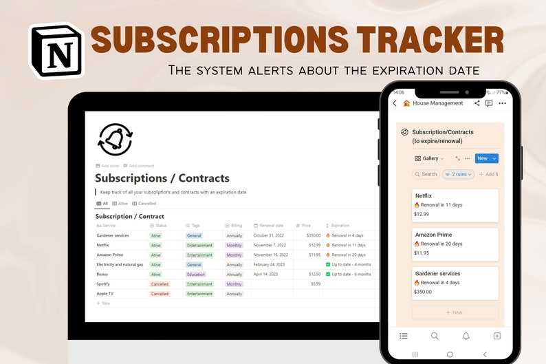Subscription Status Notion Template, Home Organizer, Contracts Tracker, Subscription Expiration ...