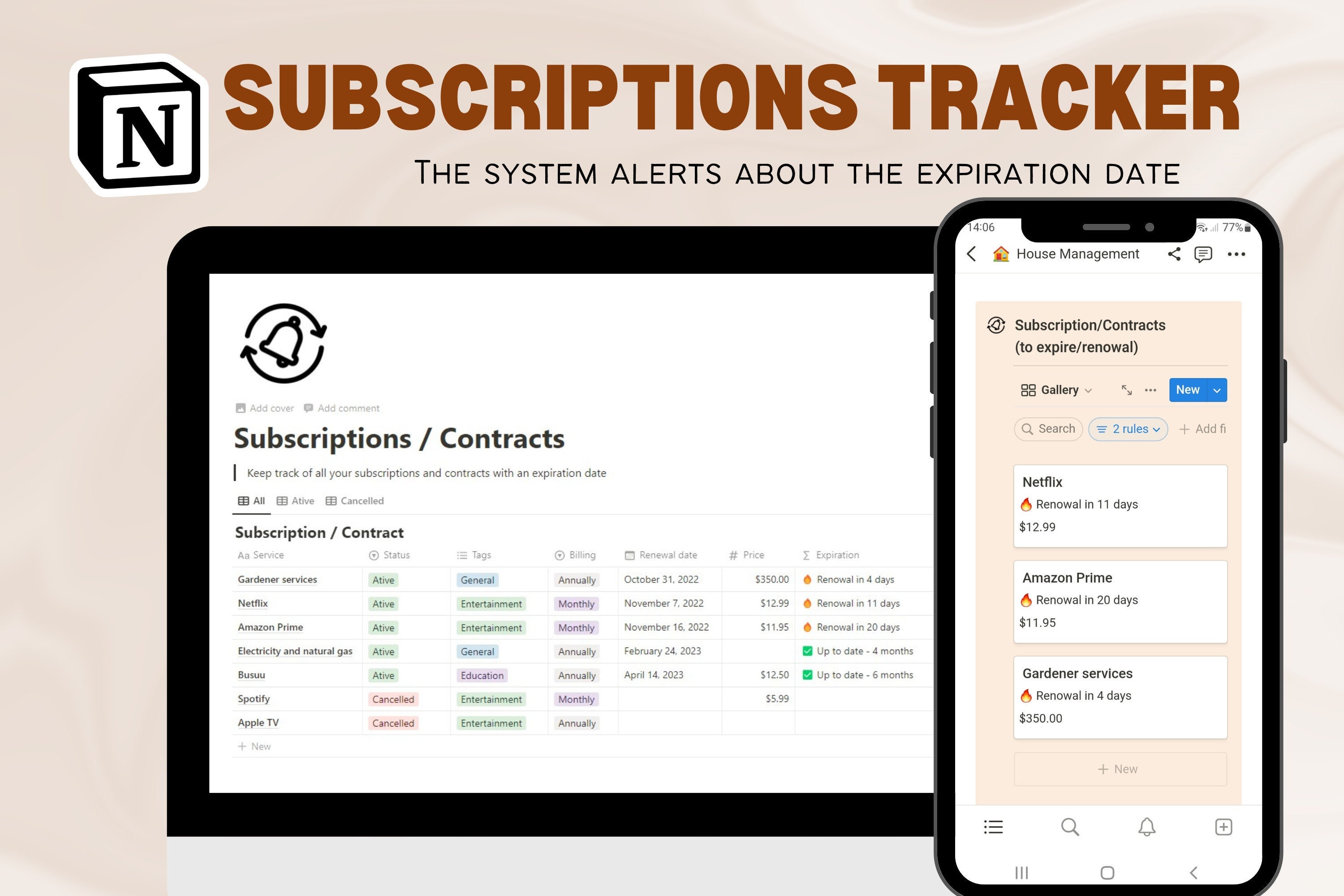 Subscription Status Notion Template, Home Organizer, Contracts Tracker ...