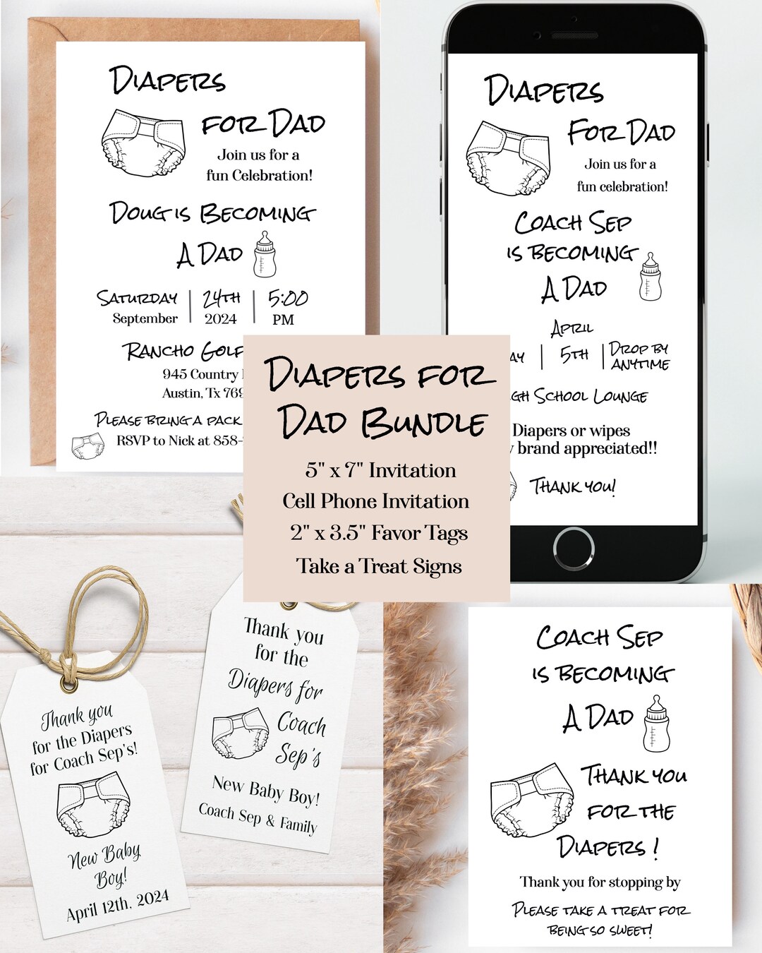 Dad's Baby Shower Invitation Bundle: Dad & Diaper Theme (DIY Editable ...