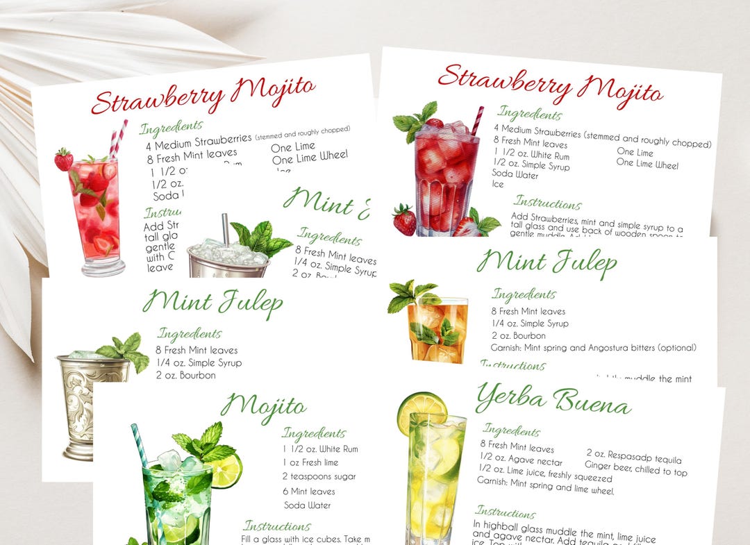 Mixology Drink Recipe Cards: Mojito, Julep, Strawberry (PDF Download) - Etsy