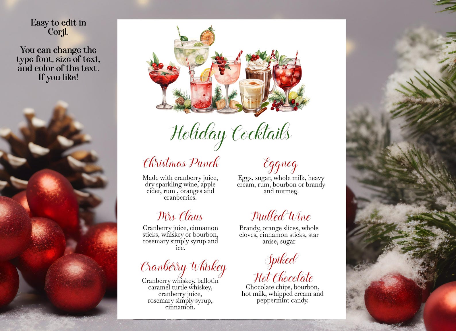 Christmas Cocktail Bar Menu Template: Holiday Drink Sign (digital ...