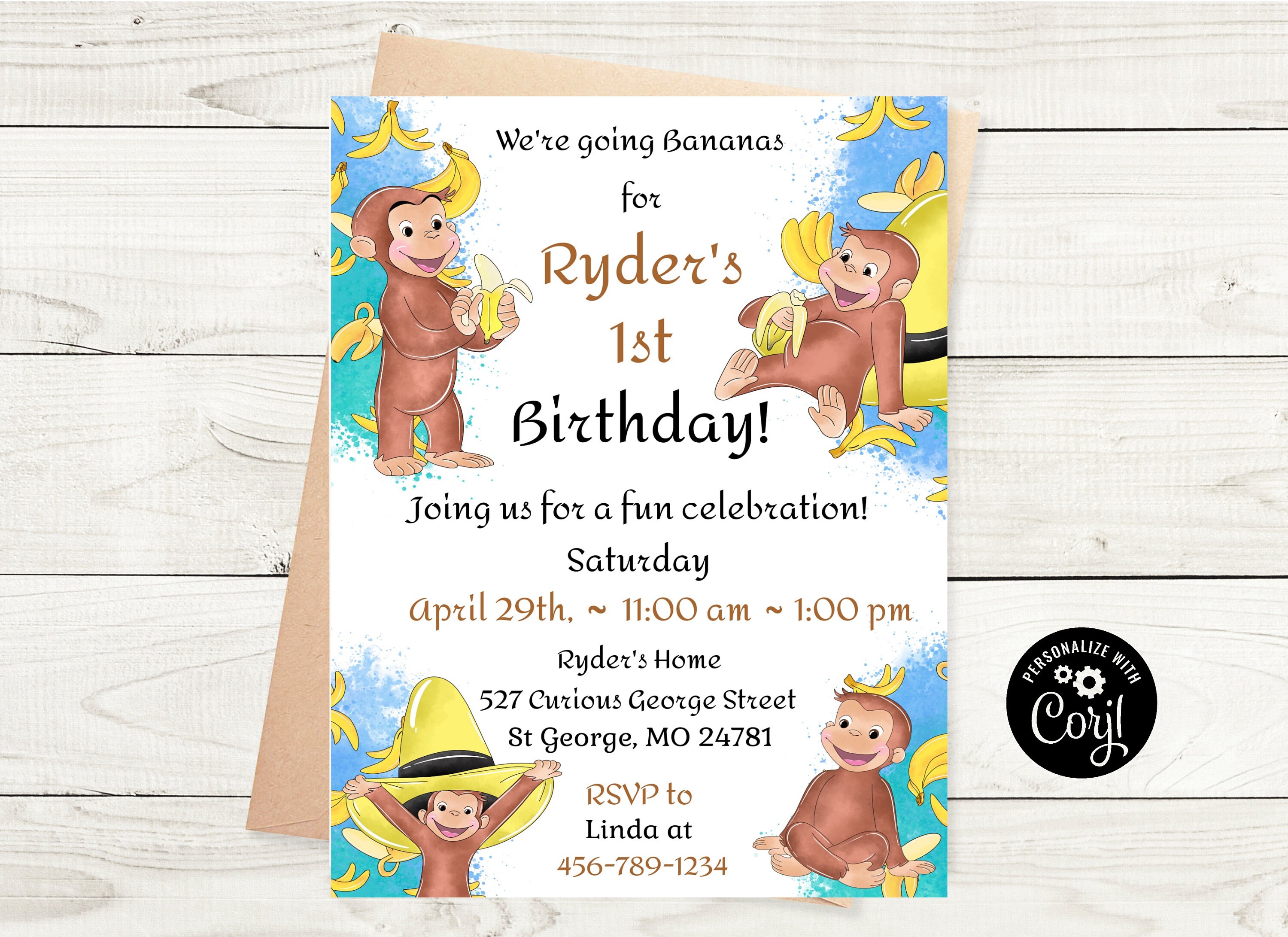Curious George 1st Birthday Invitations