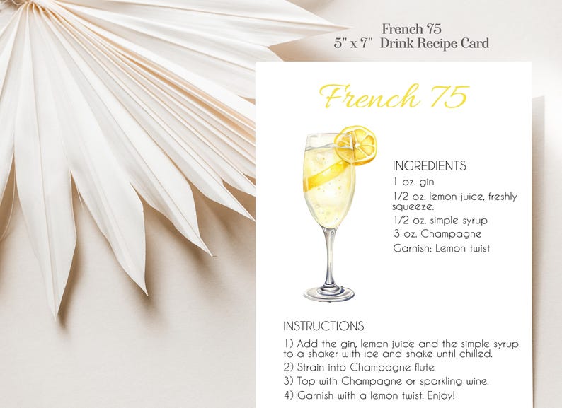 French 75 Recipe Card: Classic Cocktail Art Print (digital Download) - Etsy