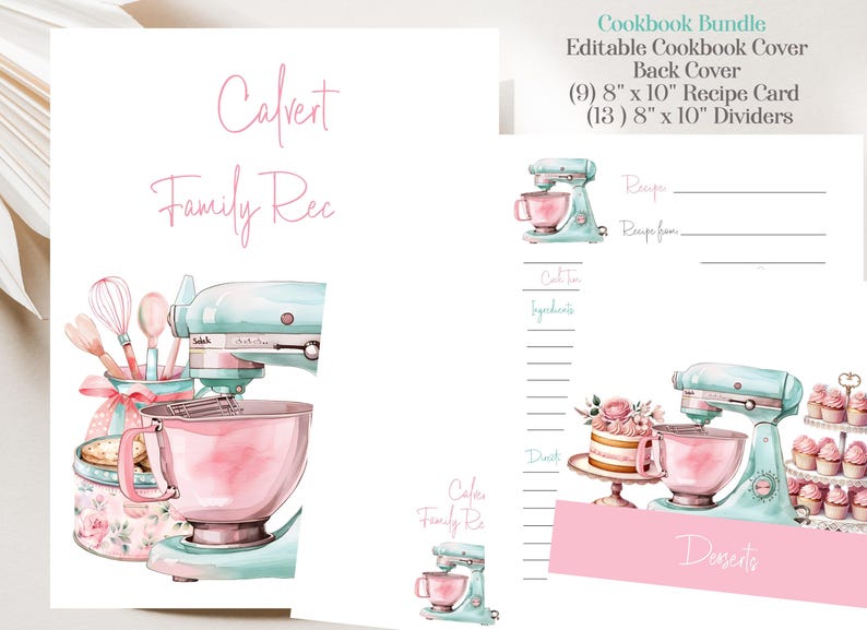 Pink and Green Cookbook Cover & Dividers: Editable Recipe Cards ...