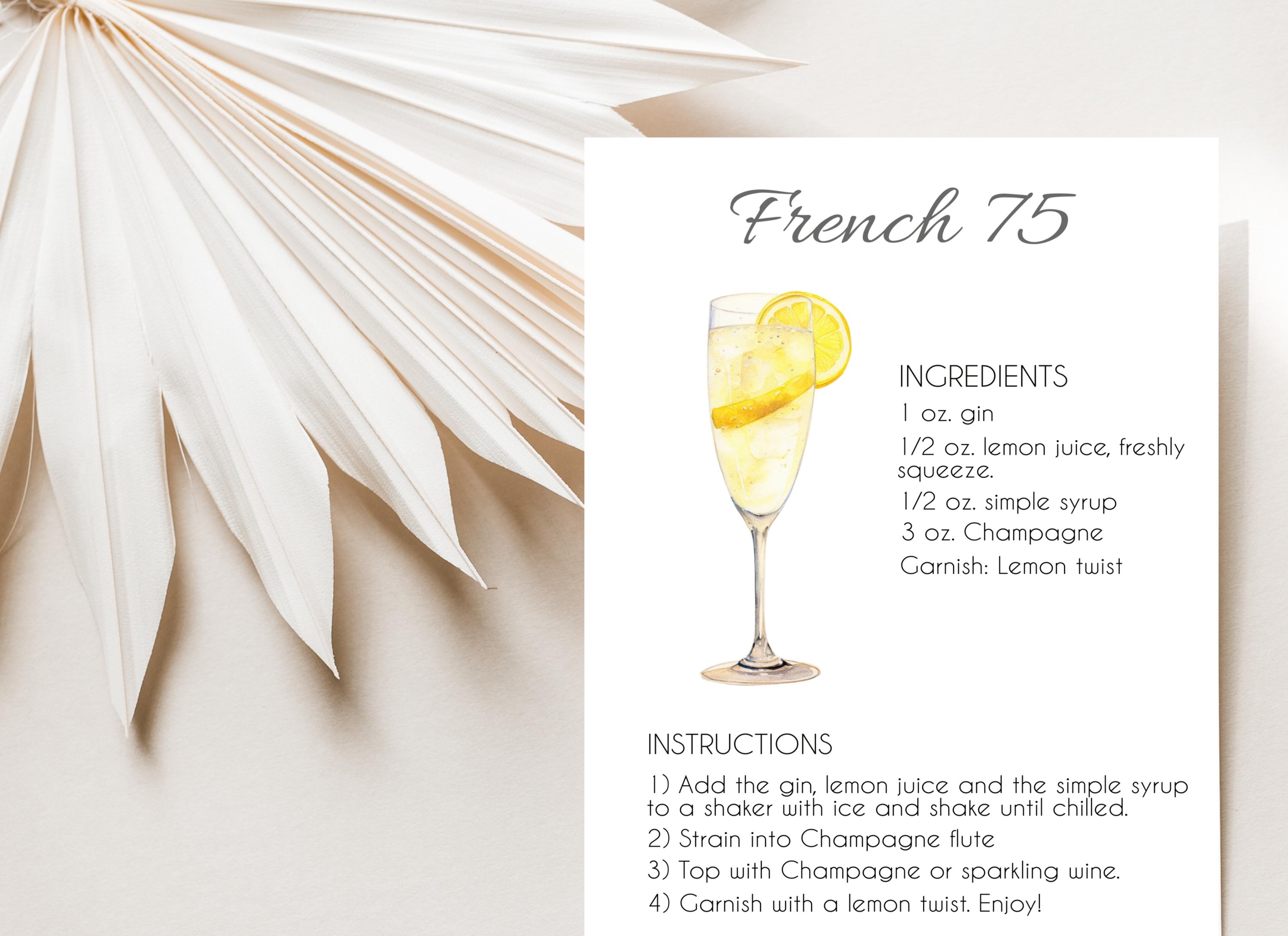 French 75 Recipe Card: Classic Cocktail Art Print (digital Download) - Etsy