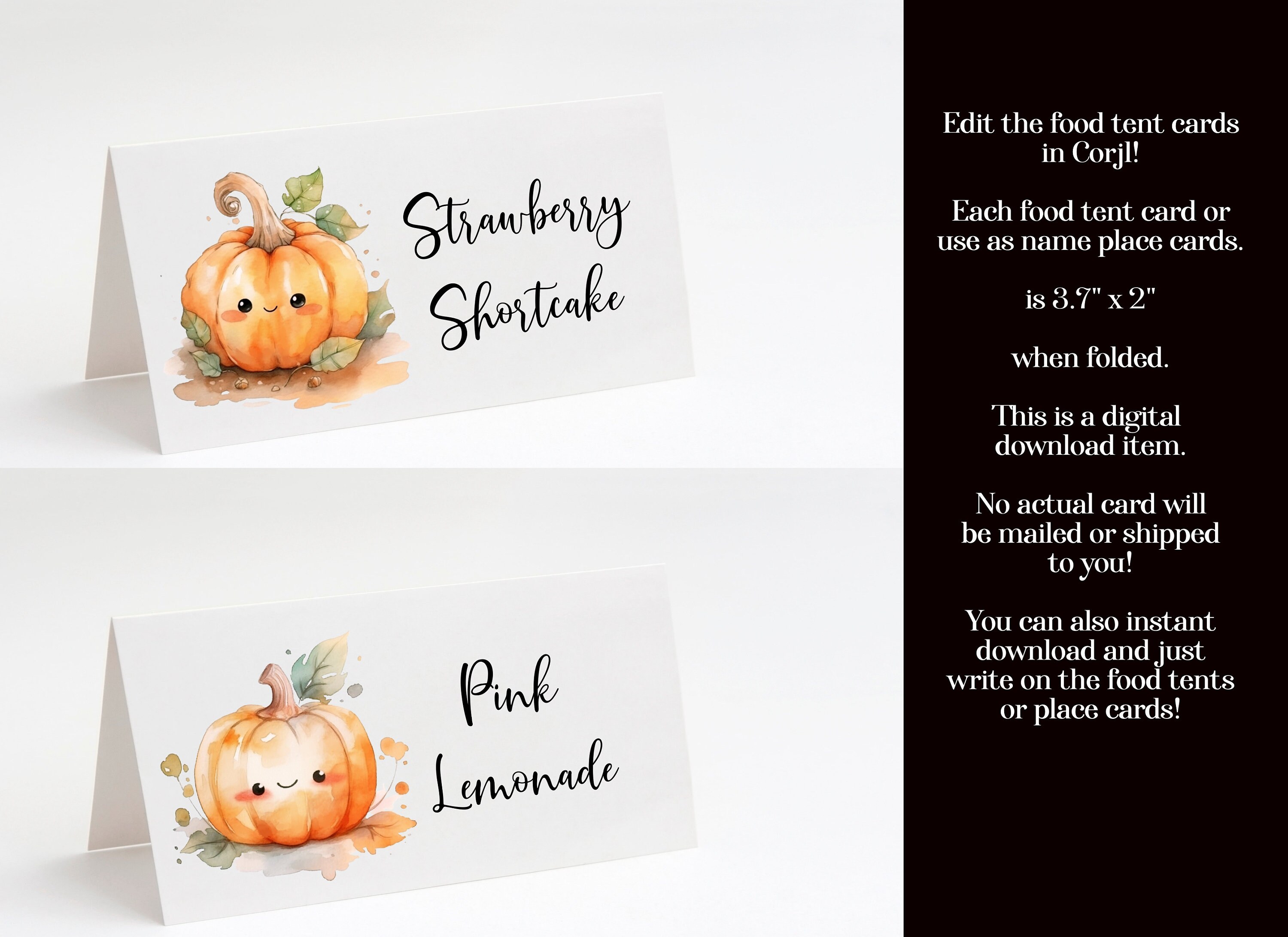 Fall Pumpkin Food Tent Cards and Place Cards Editable in Corjl Two Size ...