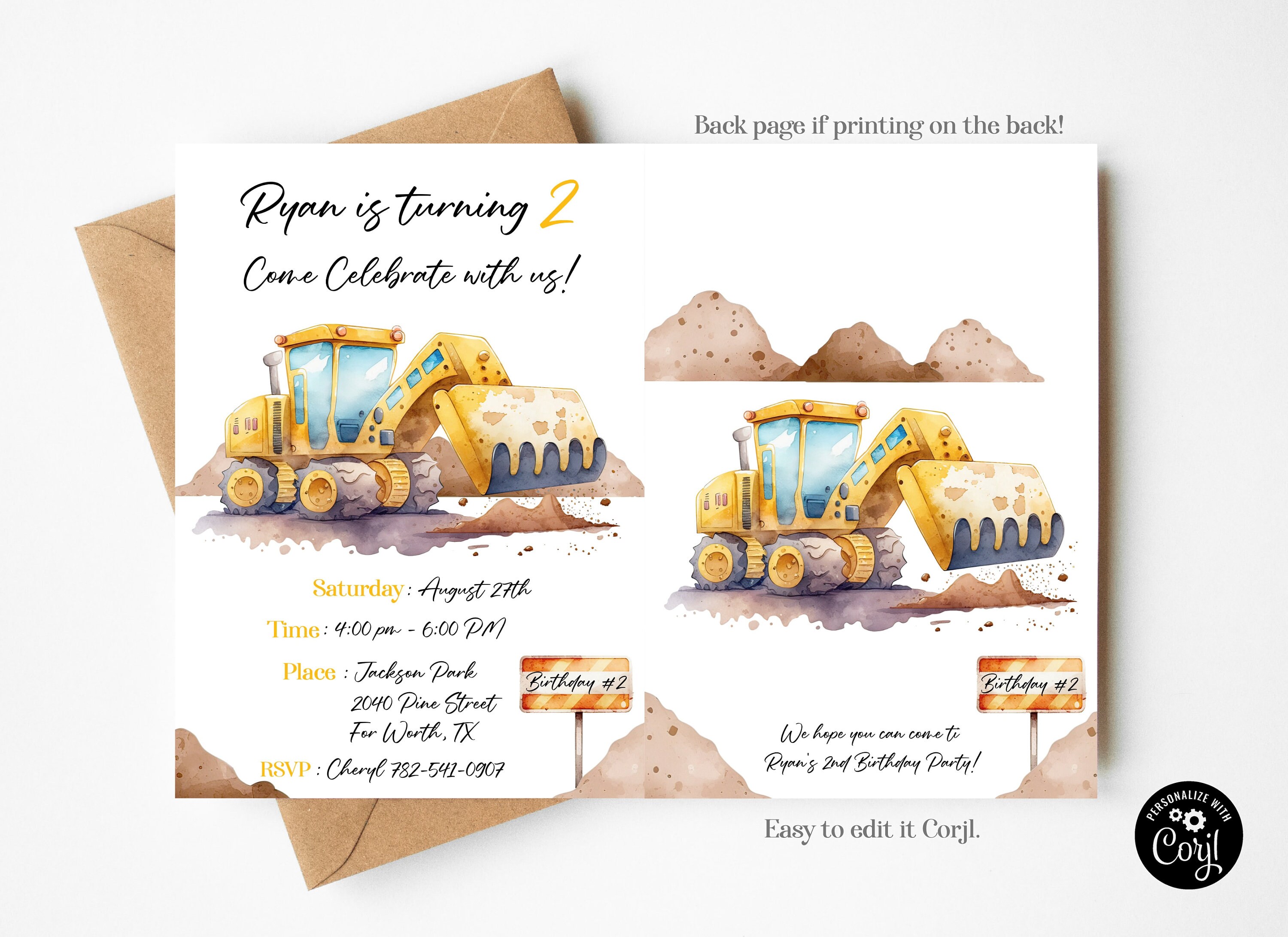 Construction Birthday Invitation / 2nd Birthday Editable - Etsy
