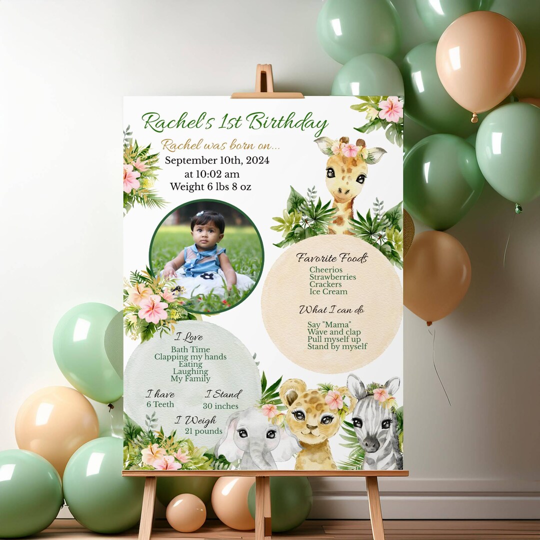 1st Birthday Milestone Birthday Sign / Jungle Animal First Birthday ...